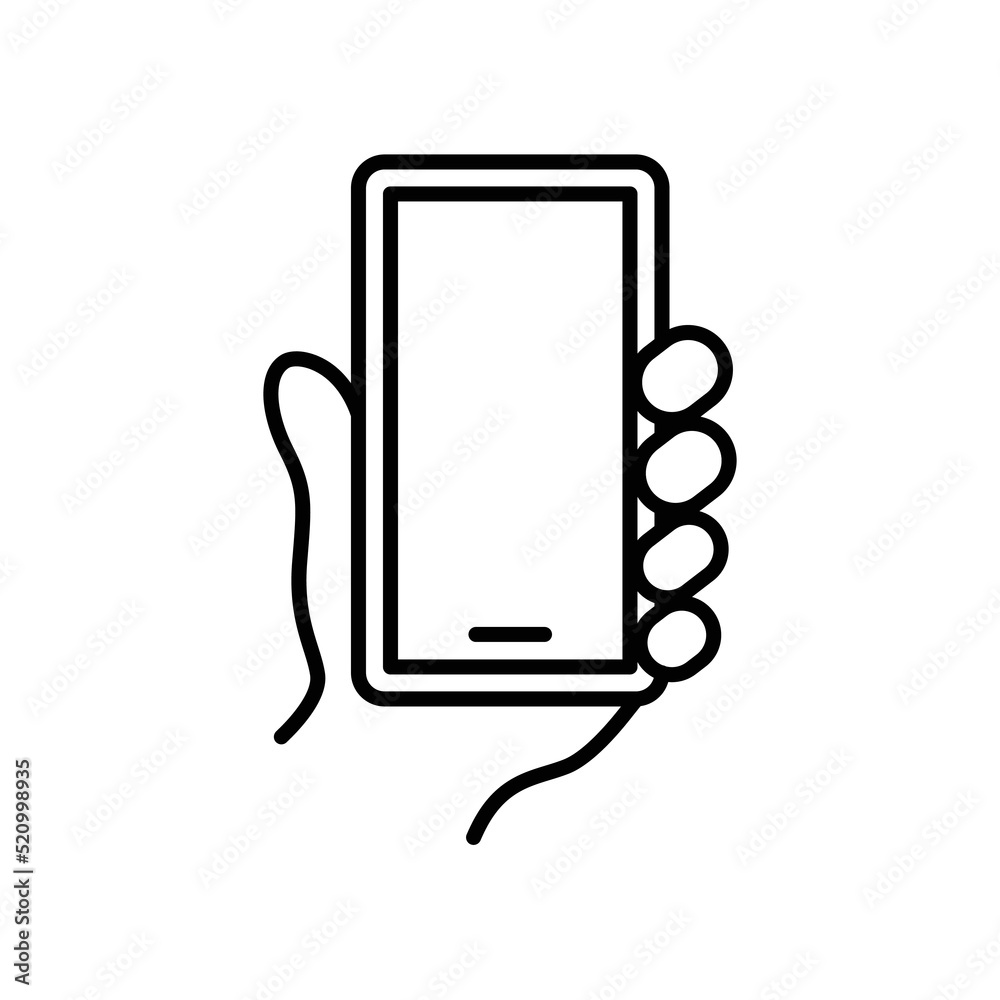 Hand holding smartphone icon. Simple outline style. Hold mobile phone ...