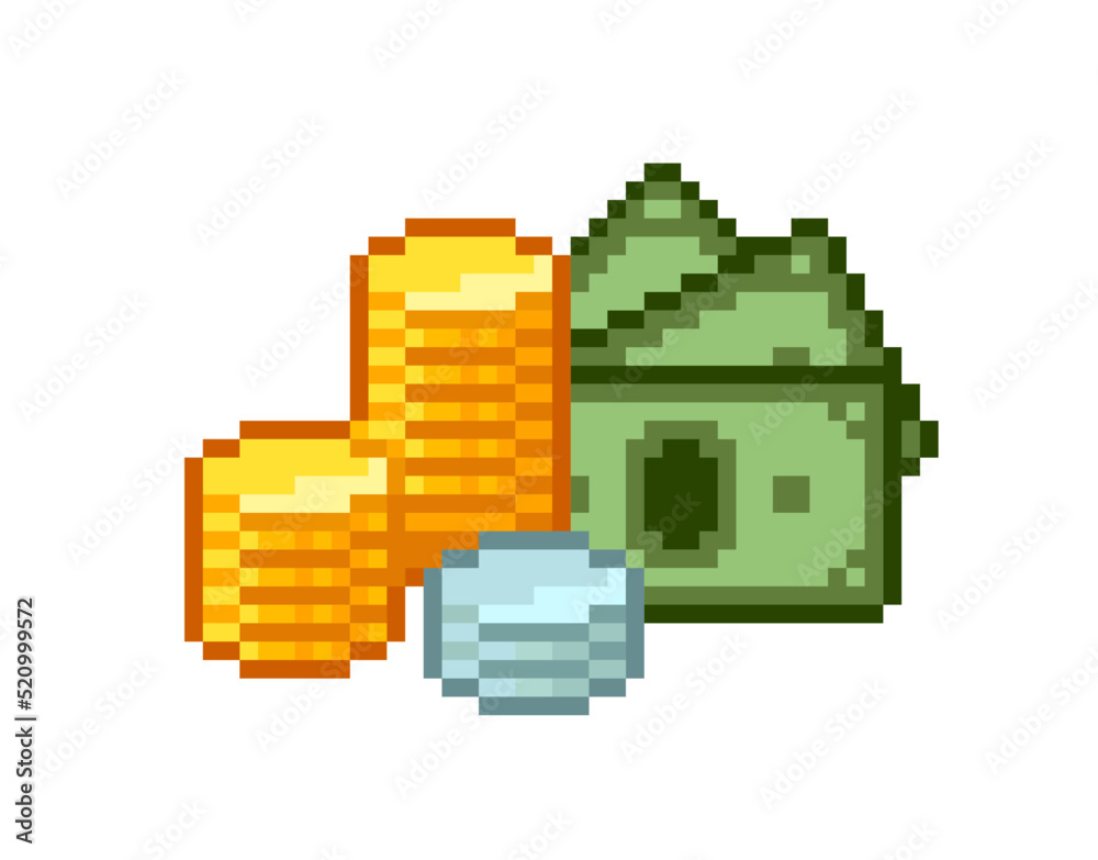 Pixel Art Cash Money and stack of coins vector icon. Pixel golden coins ...
