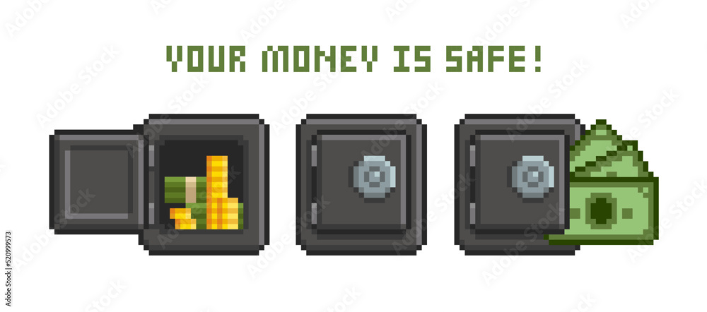 Pixel Art Safe with Money vector icons set. Pixel safe box. Opened safe ...