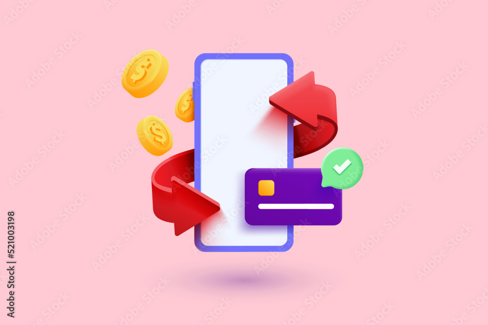 Cashback and money refund 3d concept. Smartphone, dollar bill and coin ...