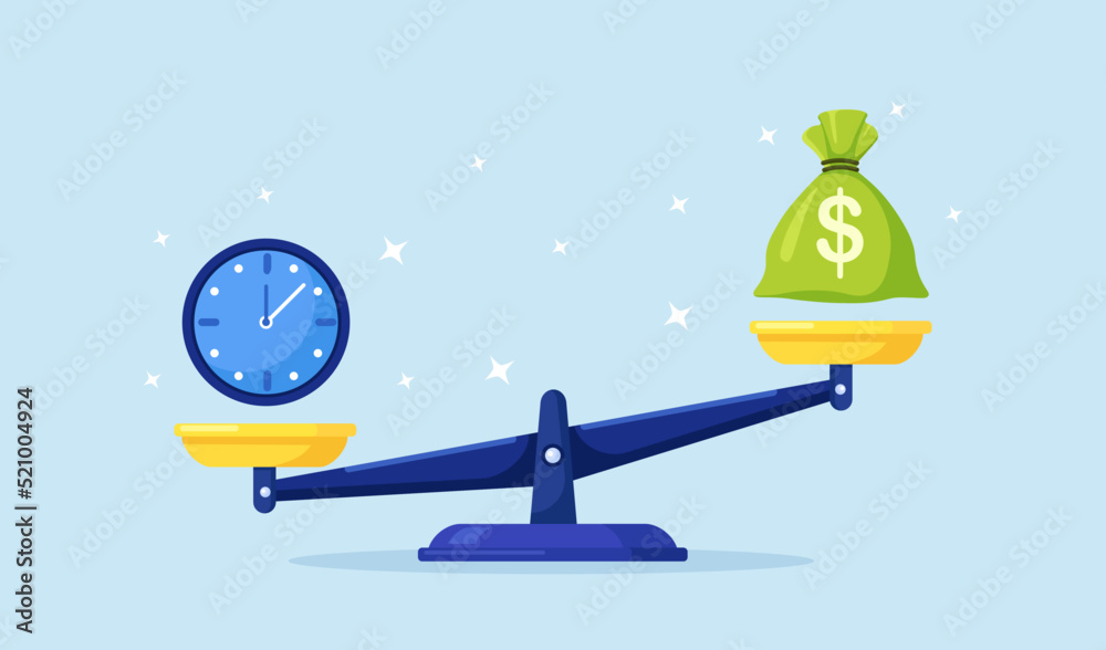 Alarm Clock and Money bag on balance scales. Metaphor of Time is money ...