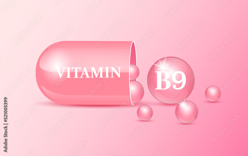 Vetor de Capsule vitamin B9 structure pink and white with circular ...