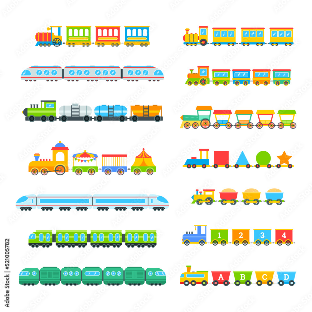Different toys trains cartoon illustration set. Colorful kids ...
