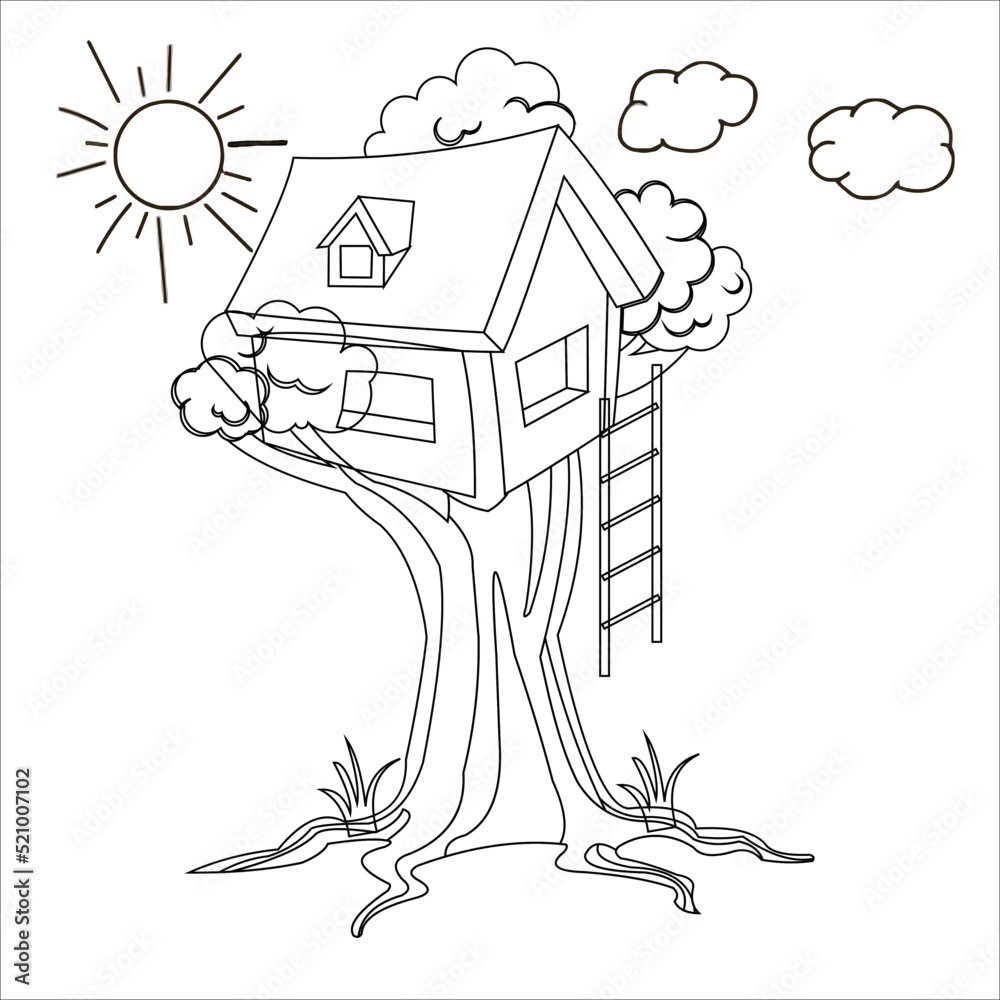 Line Art Illustration Treehouse coloring page For Kids and adults Stock ...