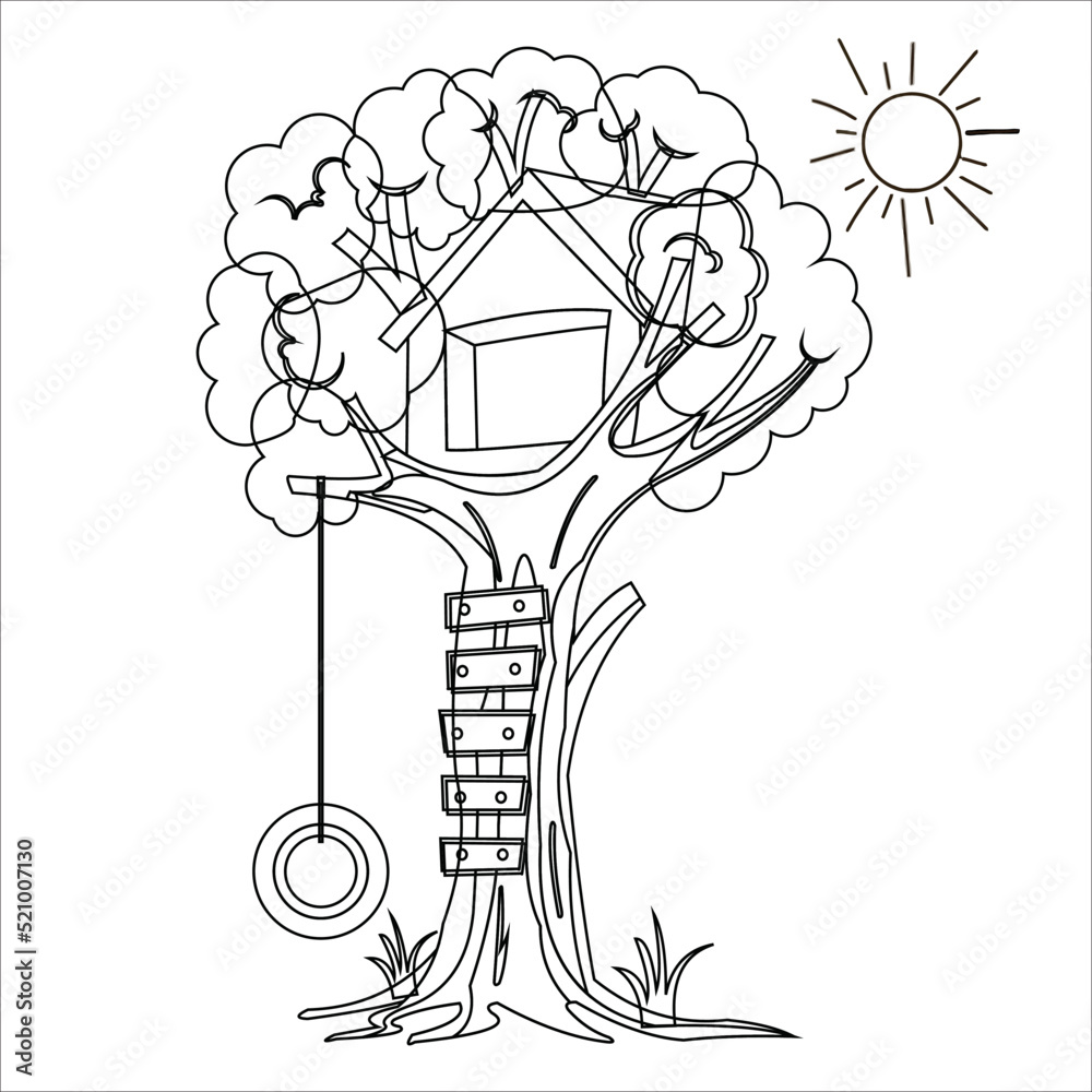 Line Art Illustration Treehouse coloring page For Kids and adults ...