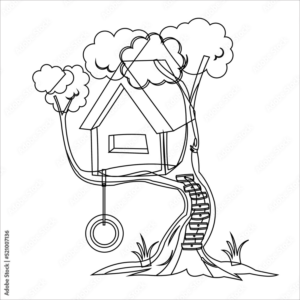 Line Art Illustration Treehouse coloring page For Kids and adults Stock ...