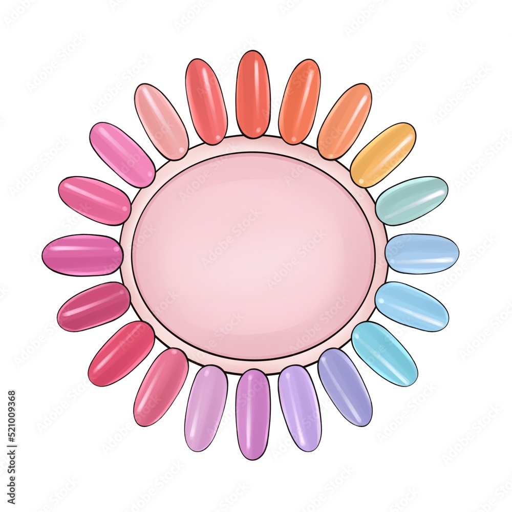 Circular color palette of nail extensions and manicure polish, isolated ...
