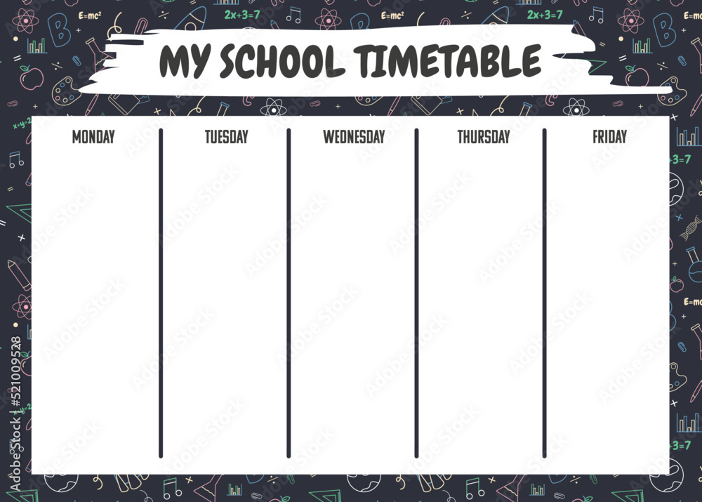 Colorful school timetable.Lesson schedule template. Weekly planner.A4 ...