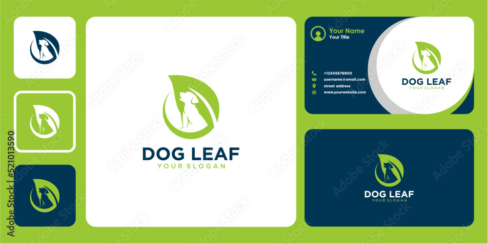 dog logo design with leaves and business card Stock Vector | Adobe Stock