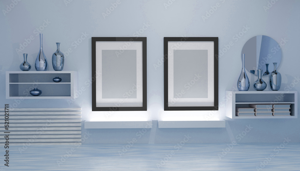 White poster on cabinet floor with blank frame mockup for you design ...