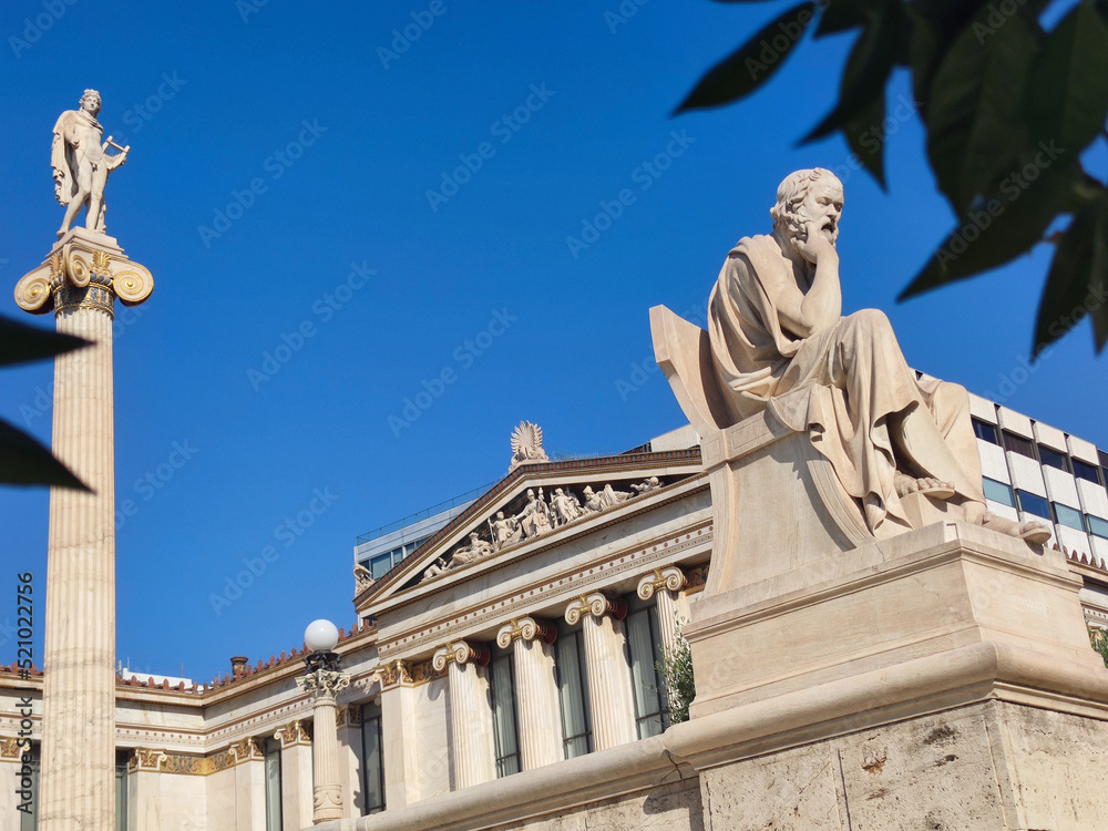 vertical photography of ancient academy of athens with gods, apollo ...