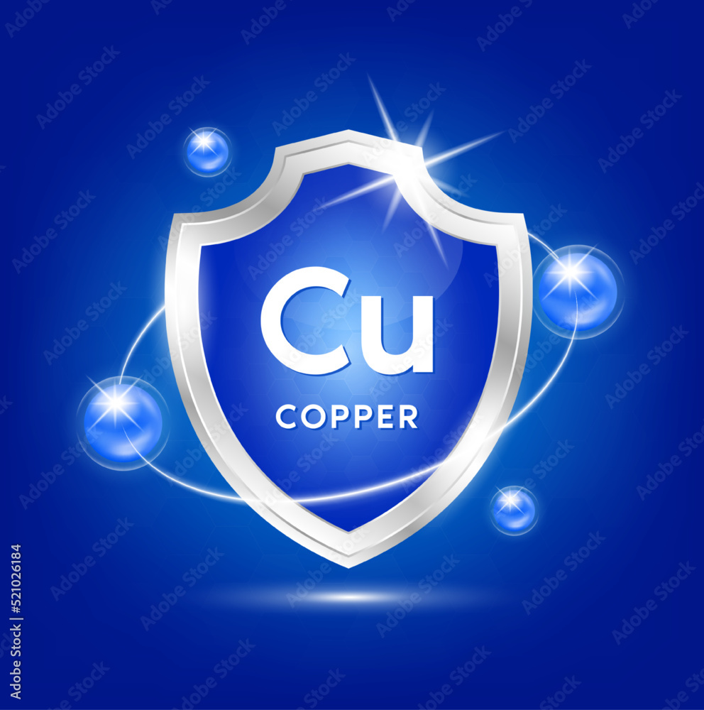 Minerals copper Cu shield with blue atom and vitamins complex. Protect ...