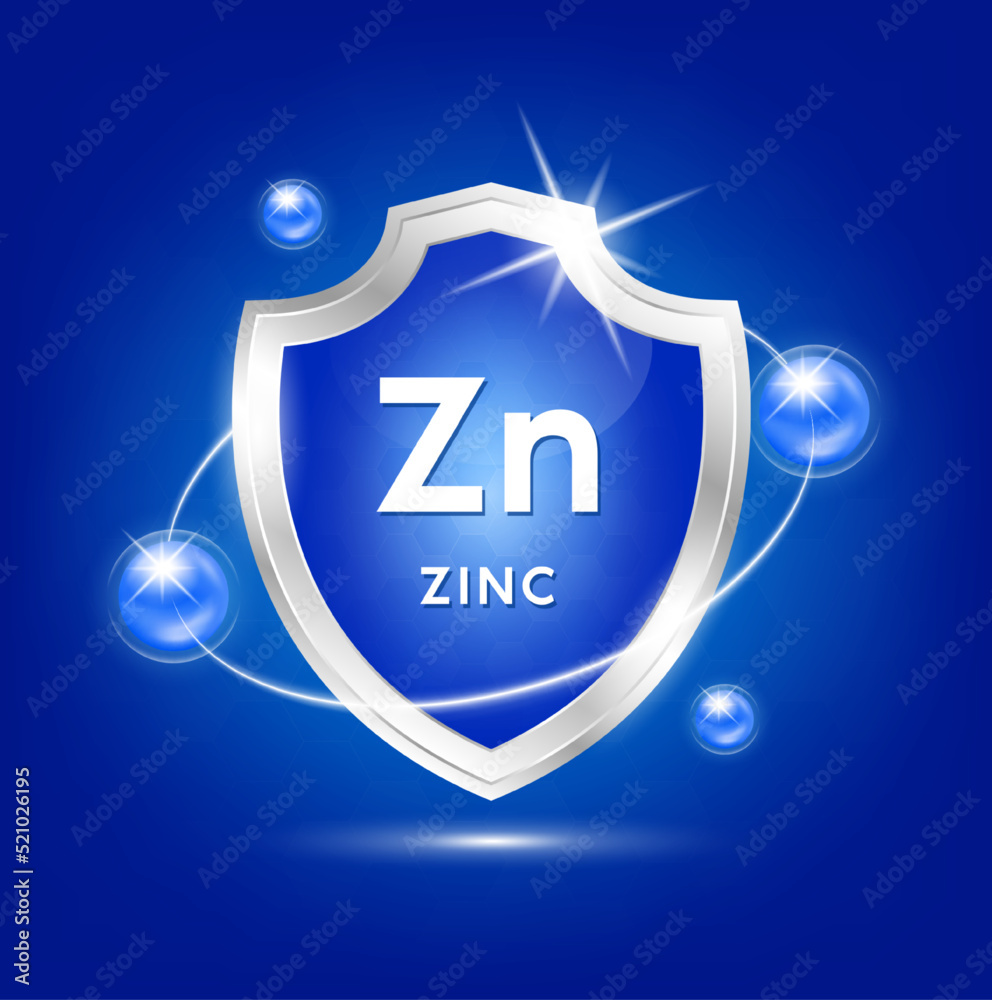 Minerals zinc shield with blue atom and vitamins complex. Protect the ...