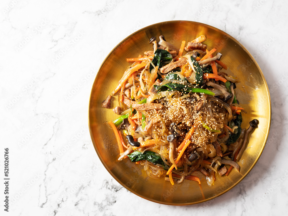 japchae, mixed dish of boiled bean threads, stir-fried vegetables, and ...