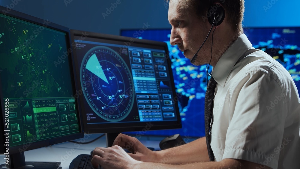 Workplace of the professional air traffic controller in the control ...