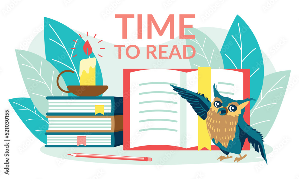 Time to read banner template.Wise owl studying school subject. Stack of ...