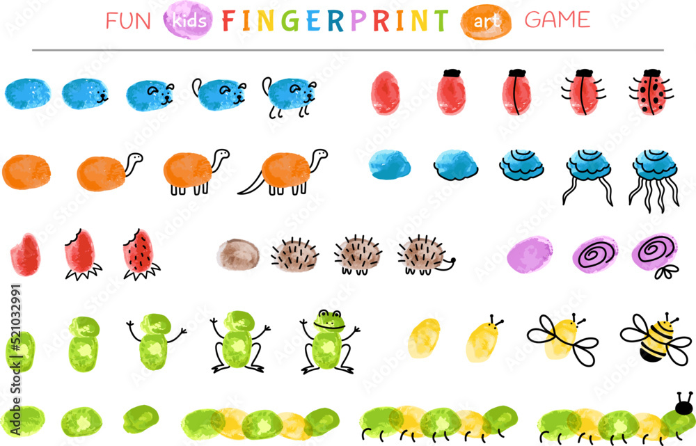 Fingerprint animal game. Step by step baby painting animals with ...