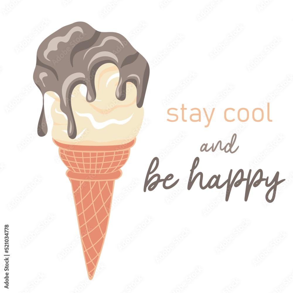 Stay cool and be happy. Soft serve ice cream with chocolate syrup in ...