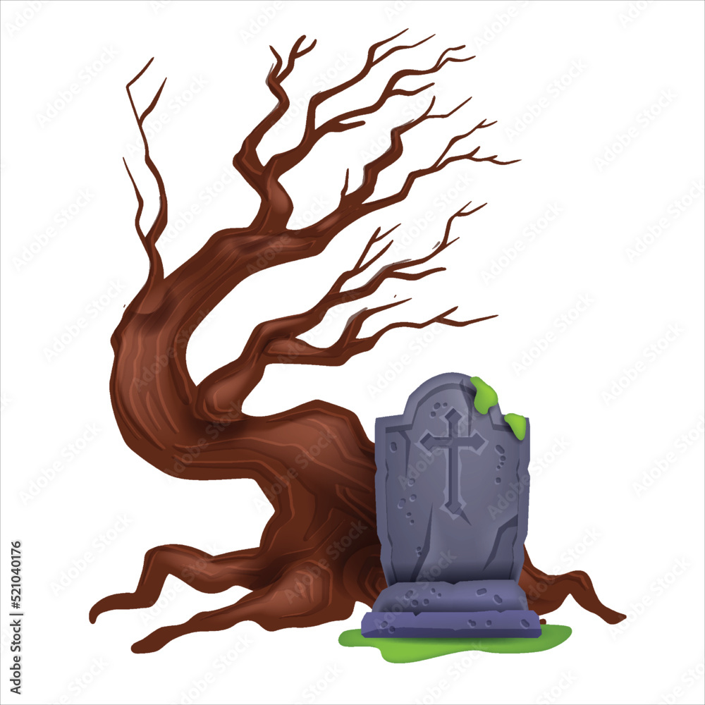 Stone grave, vector tombstone, creepy dead tree, Halloween graveyard ...