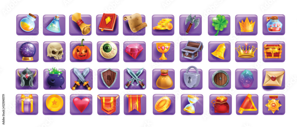 3D game icon set, slot machine cartoon element, magic UI badge kit ...