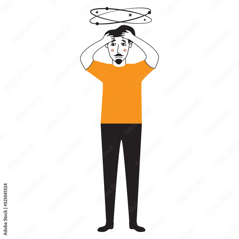 Young man with vertigo.Person holds his hands on head.Sick man having ...