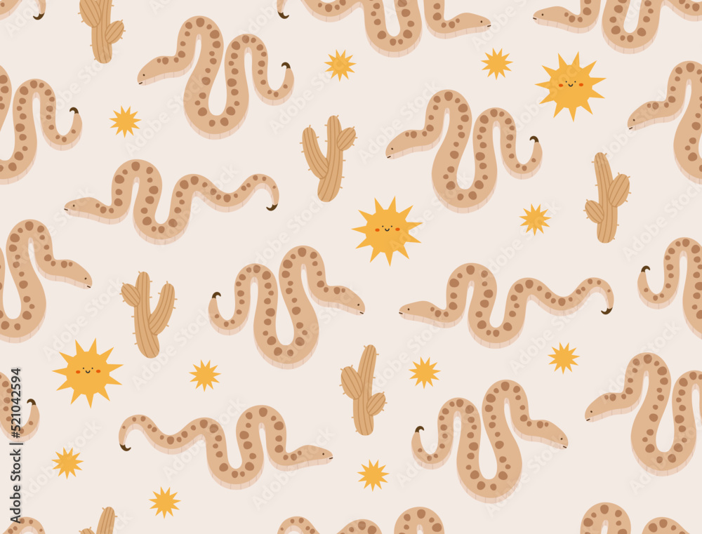 Seamless pattern of horned viper snake with saguaro cactus and sun ...