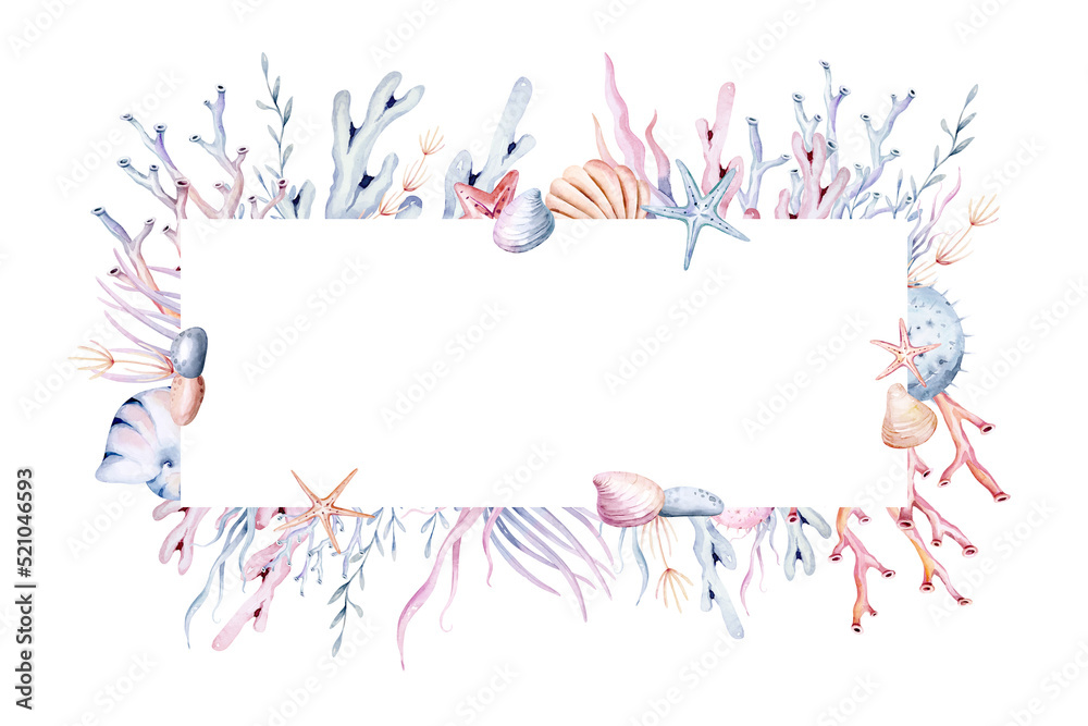 frame of sea animals. Blue watercolor ocean fish wreath, turtle, whale ...