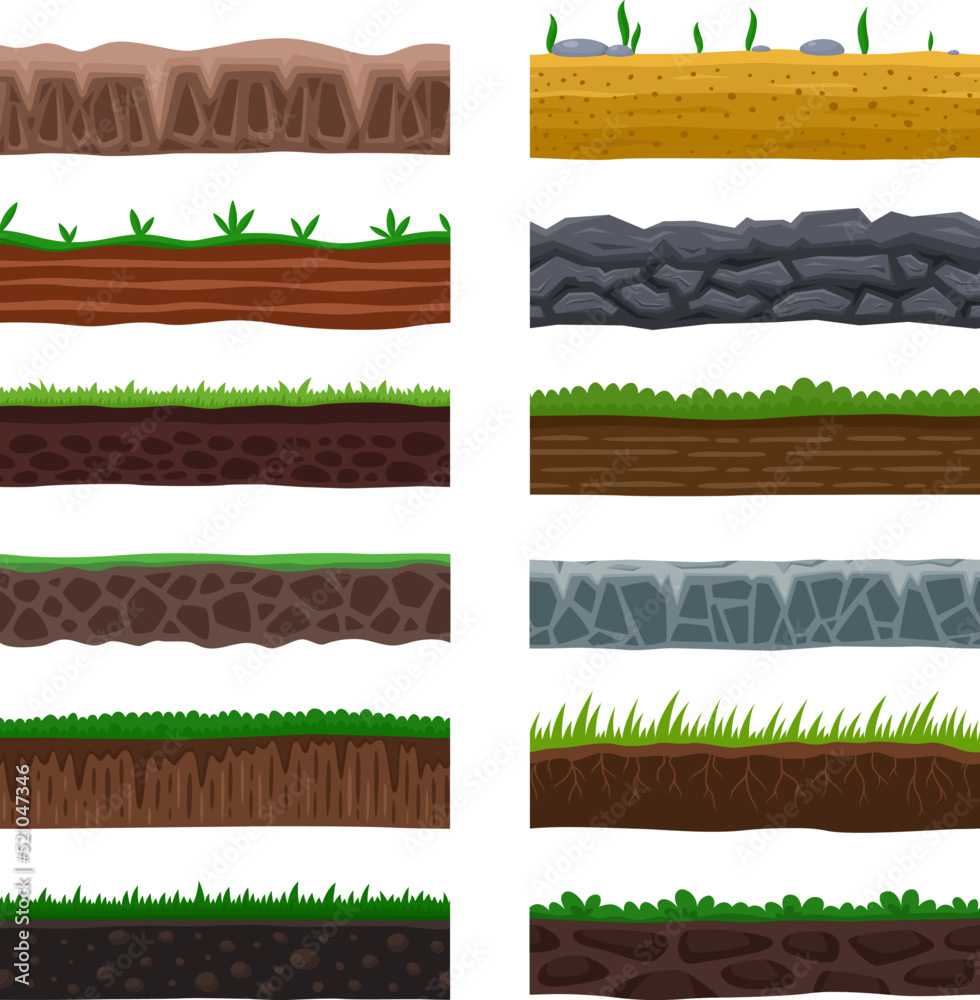 Seamless cartoon grounds. Road games platform, garden lands textures ...