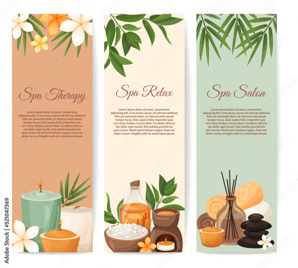 Spa services vertical banners template. Exotic flowers, bamboo leaves ...