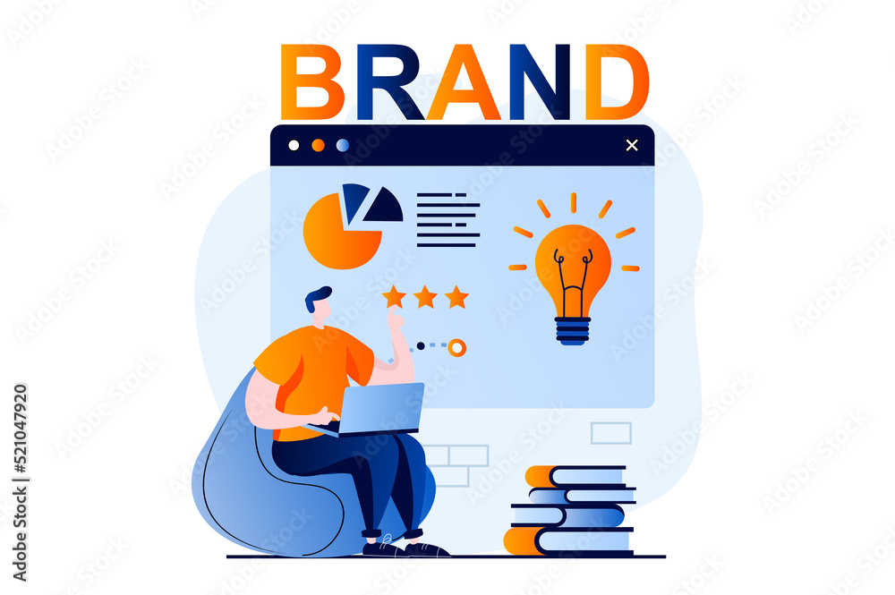 Branding team concept with people scene in flat cartoon design. Man ...