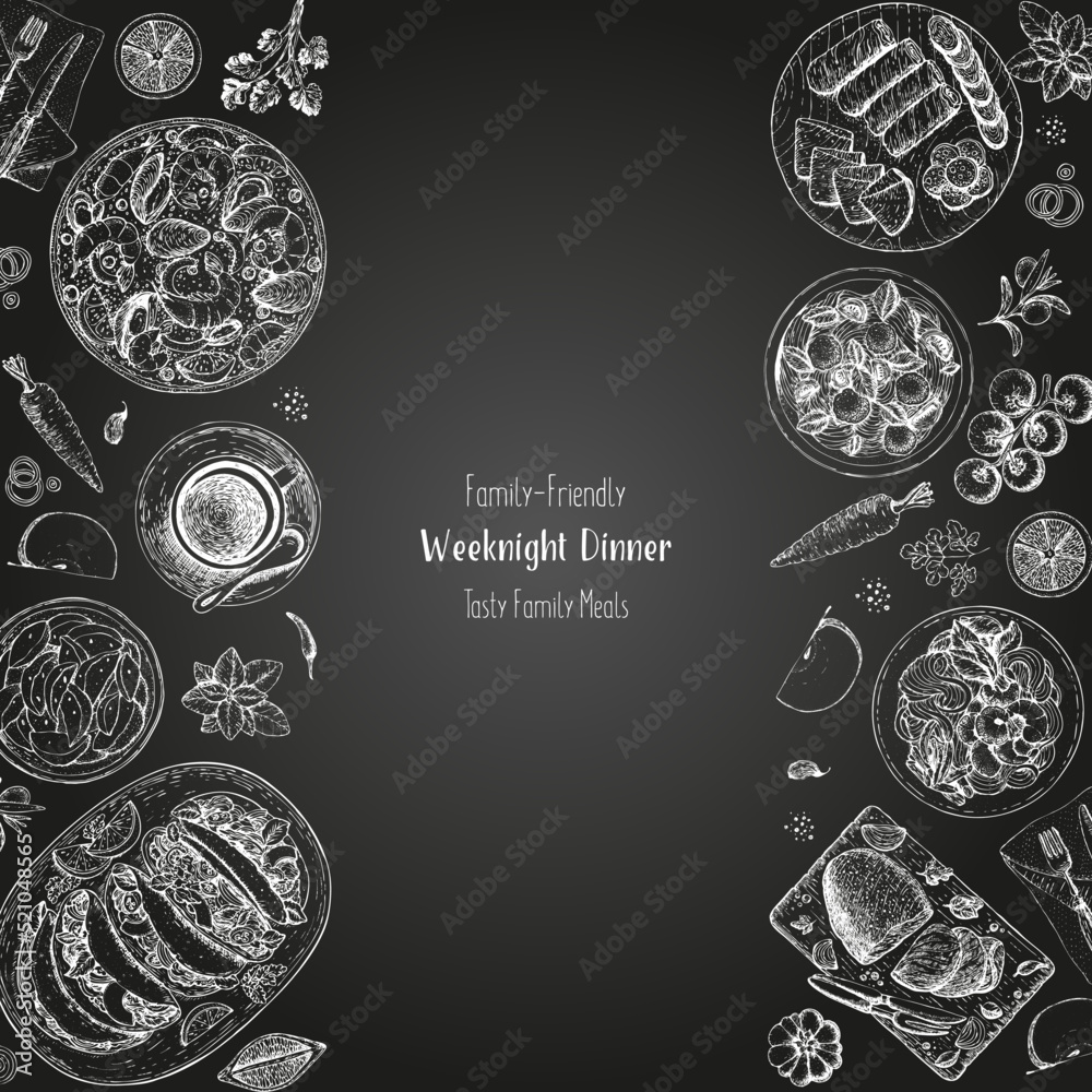 Family dinner top view, vector illustration. Friendly dinner table ...