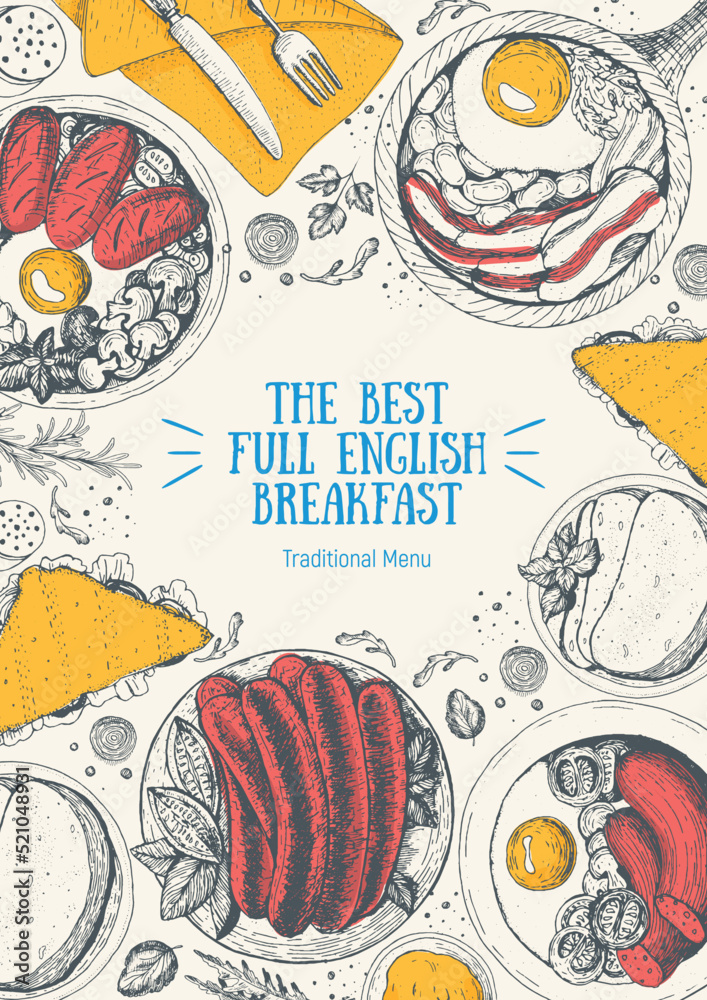 English breakfast top view frame. English food menu design. Vintage ...