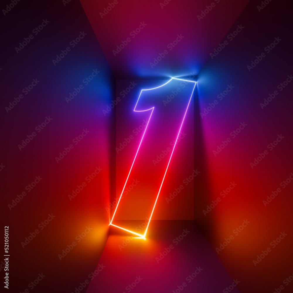 3d rendering, red blue neon number one, digital symbol inside square ...