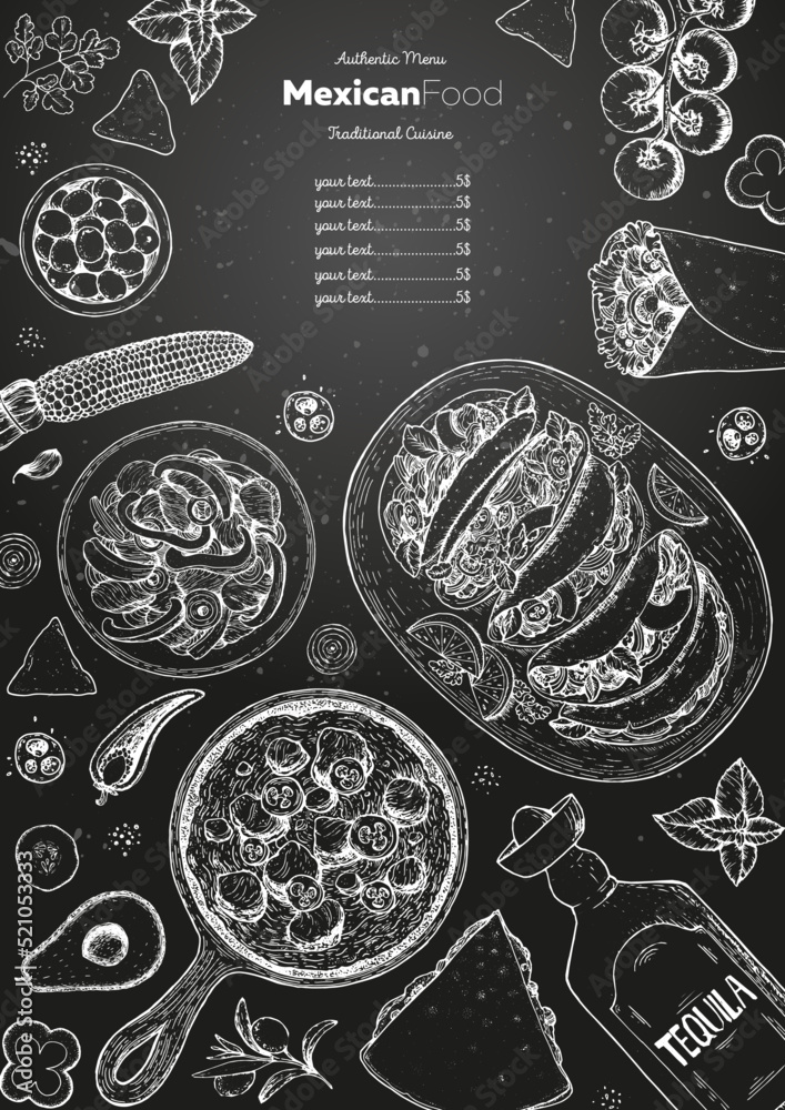 Mexican food top view frame. A set of classic mexican dishes with tacos ...