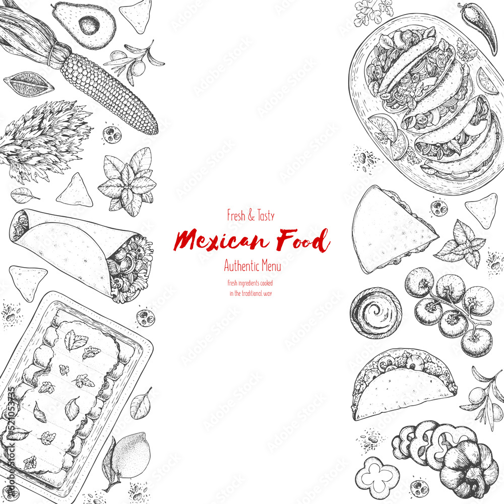 Mexican food top view frame. A set of mexican dishes with tacos ...