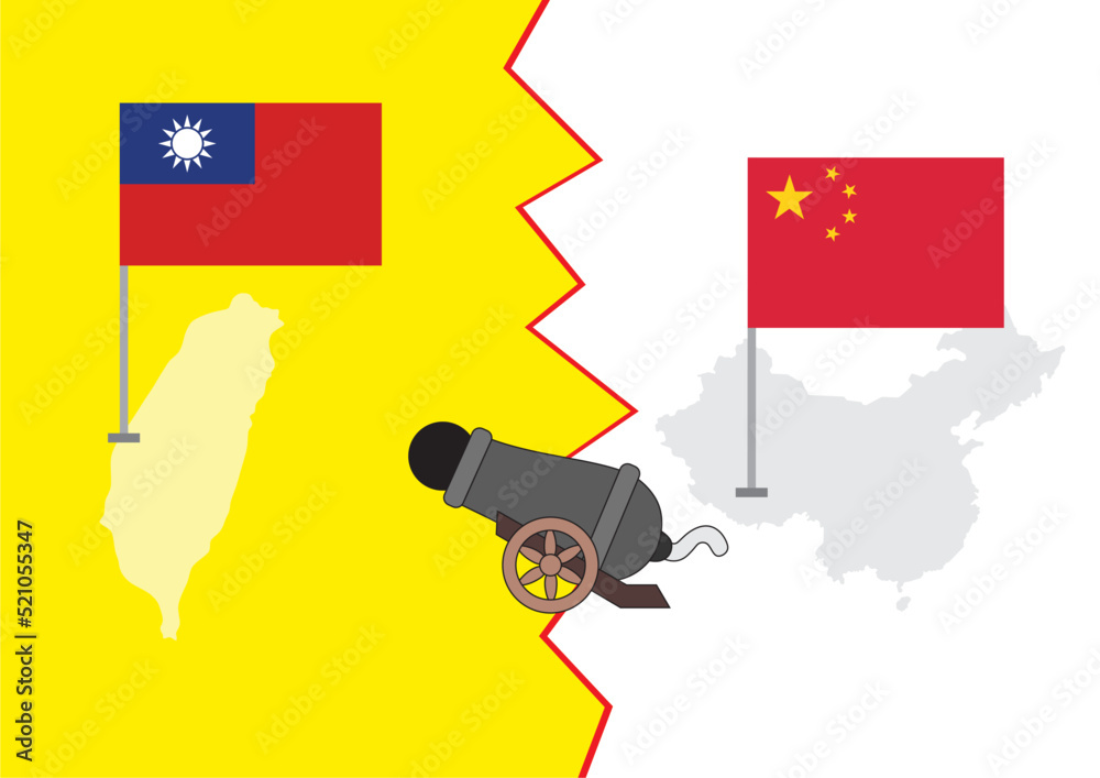 Taiwan and China conflict. Cannon design. Maps and flags. War, crisis ...