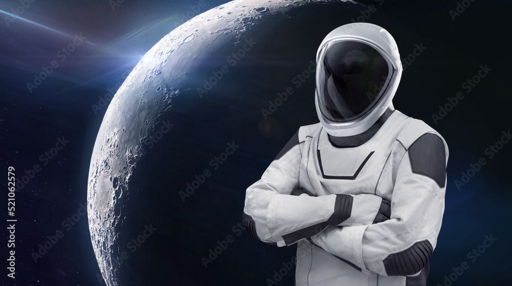 Astronaut in modern new spacesuit in space near Moon satellite. Space ...