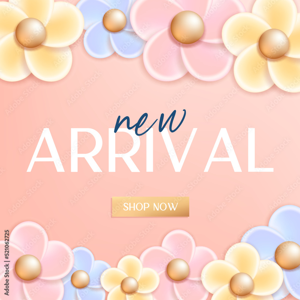 New arrival banner with floral border. Vector illustration cartoon ...