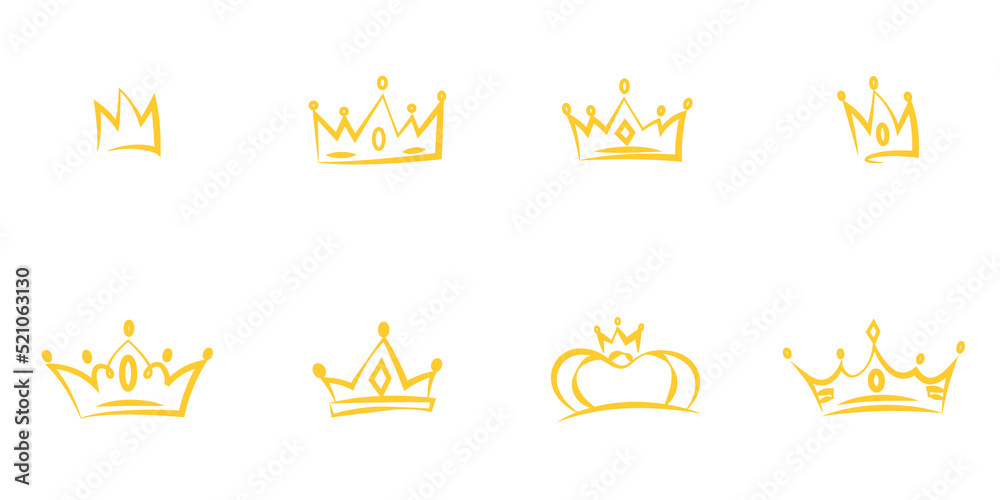 Conjunto de corona de rey y reina dibujadas a mano. Coronas doradas ...