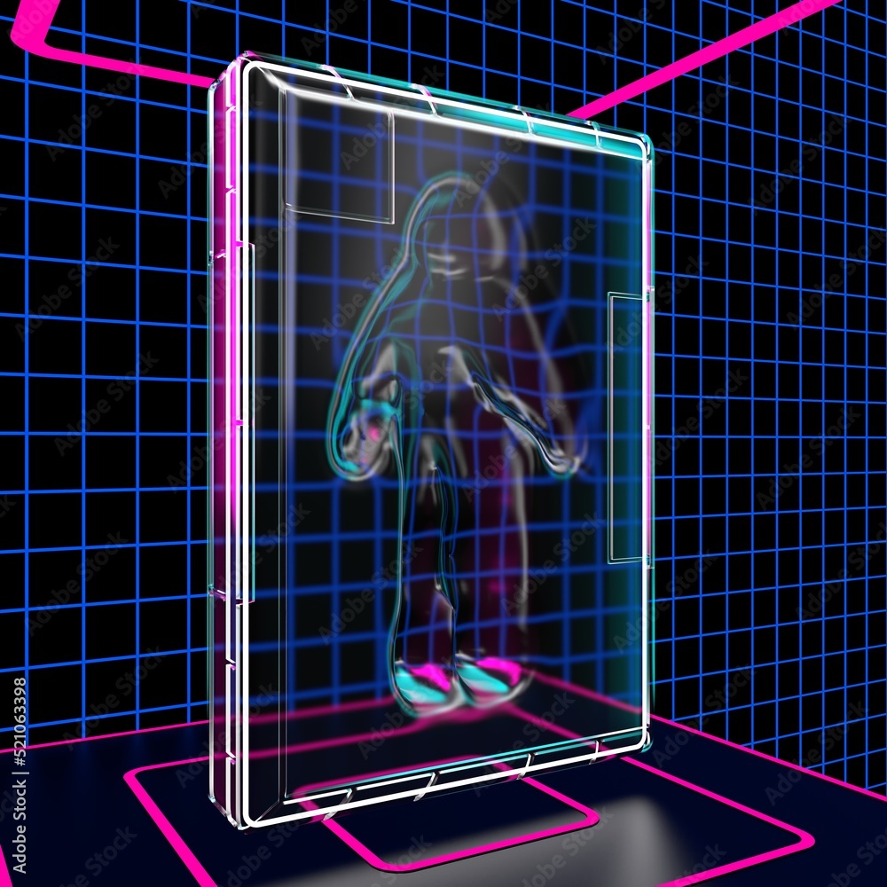 NFT plastic box for presentation of NFT avatar. NFT 3d box with neon ...