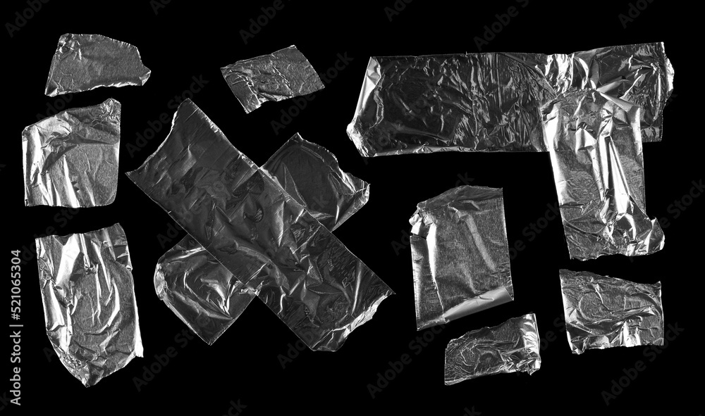Aluminum foil tape pieces set and collection isolated on black ...