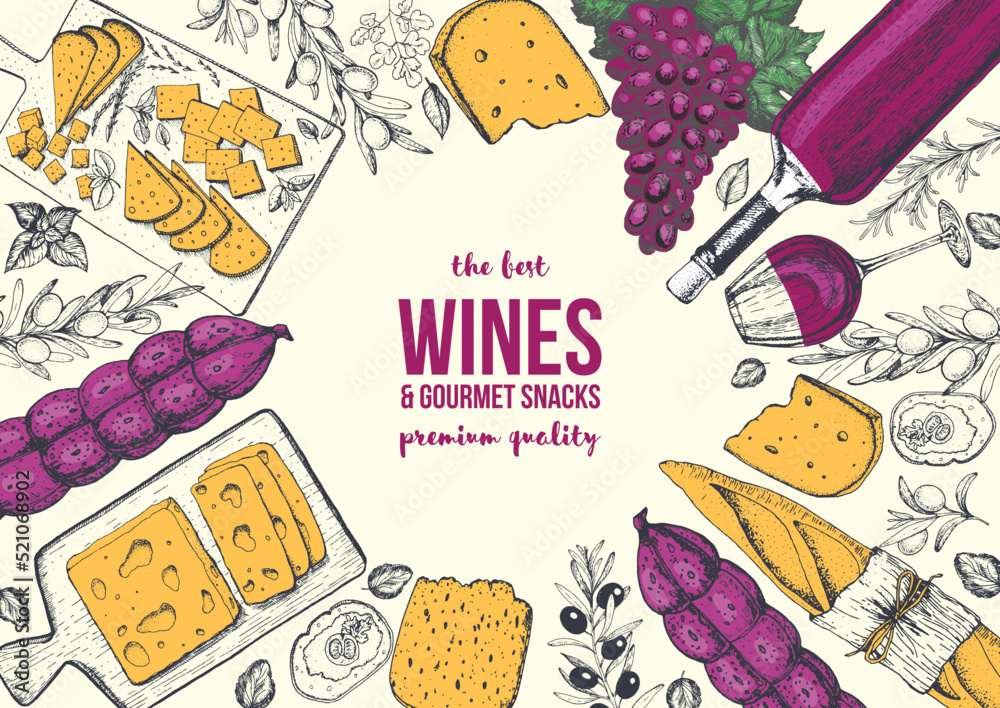 Wines and gourmet snacks frame vector illustration. Cheese, sausages ...