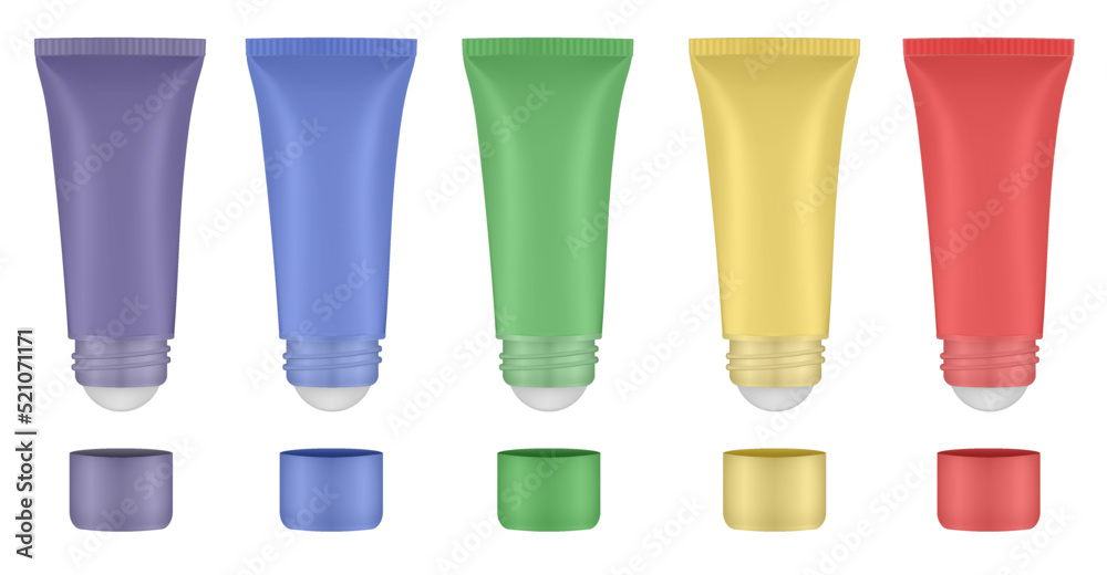 Set of roller ball tubes. Body antiperspirant deodorant roll-on, open ...