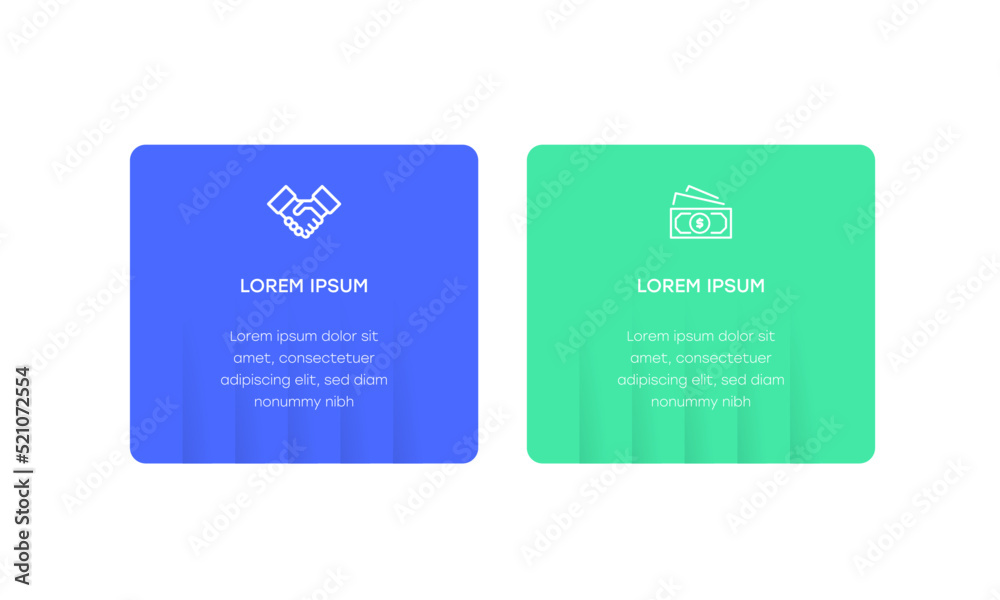 Two numbered steps placed in horizontal row. Concept of 2 stages of ...