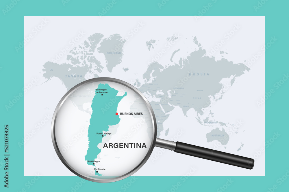 Map of Argentina on political world map with magnifying glass Stock Vector | Adobe Stock