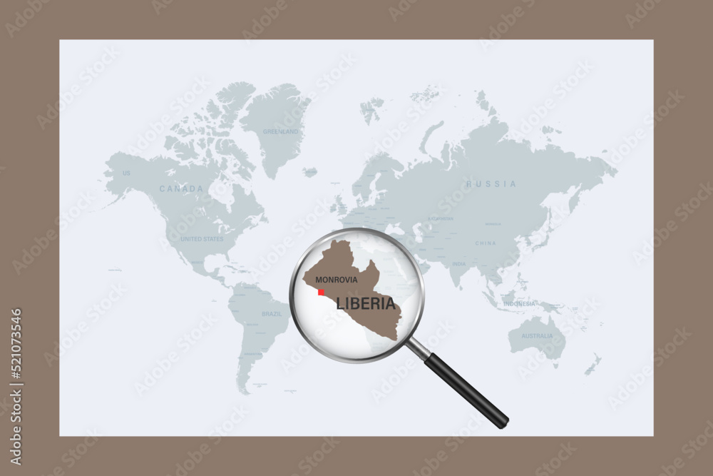 Map of Liberia on political world map with magnifying glass เวกเตอร์ ...