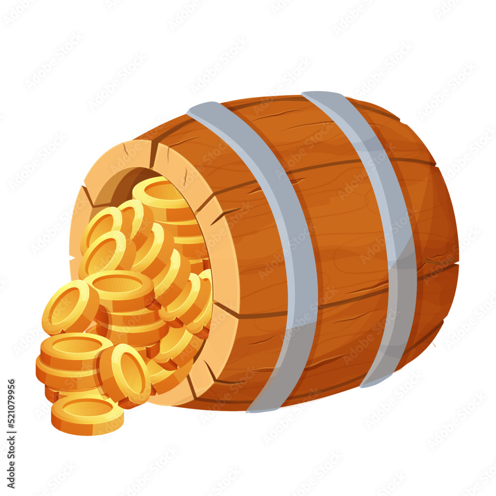Wooden barrel with treasure gold coins in cartoon style isolated on ...
