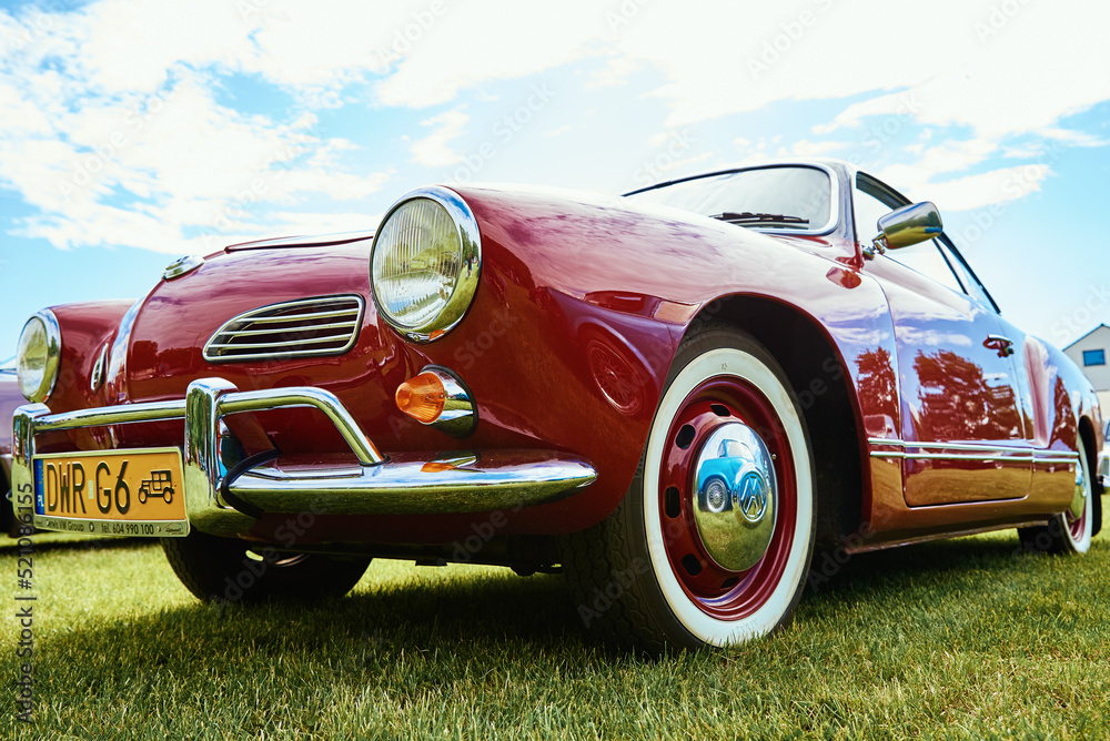 Red vintage VW Volkswagen Karmann Ghia on car show. Retro german sport ...