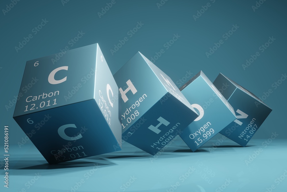 Background of 3d cubes of the elements of the periodic table, carbon ...