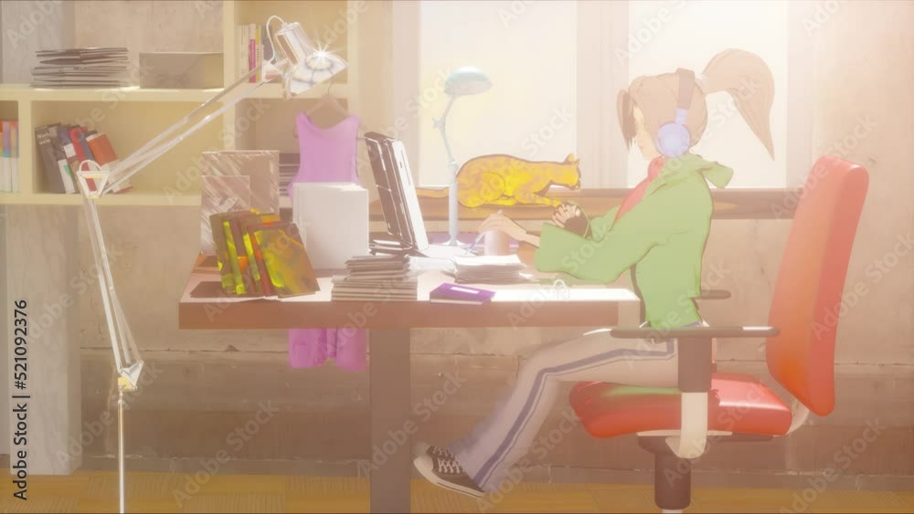 anime animation of a cartoon low-Fi girl style a schoolgirl or a ...